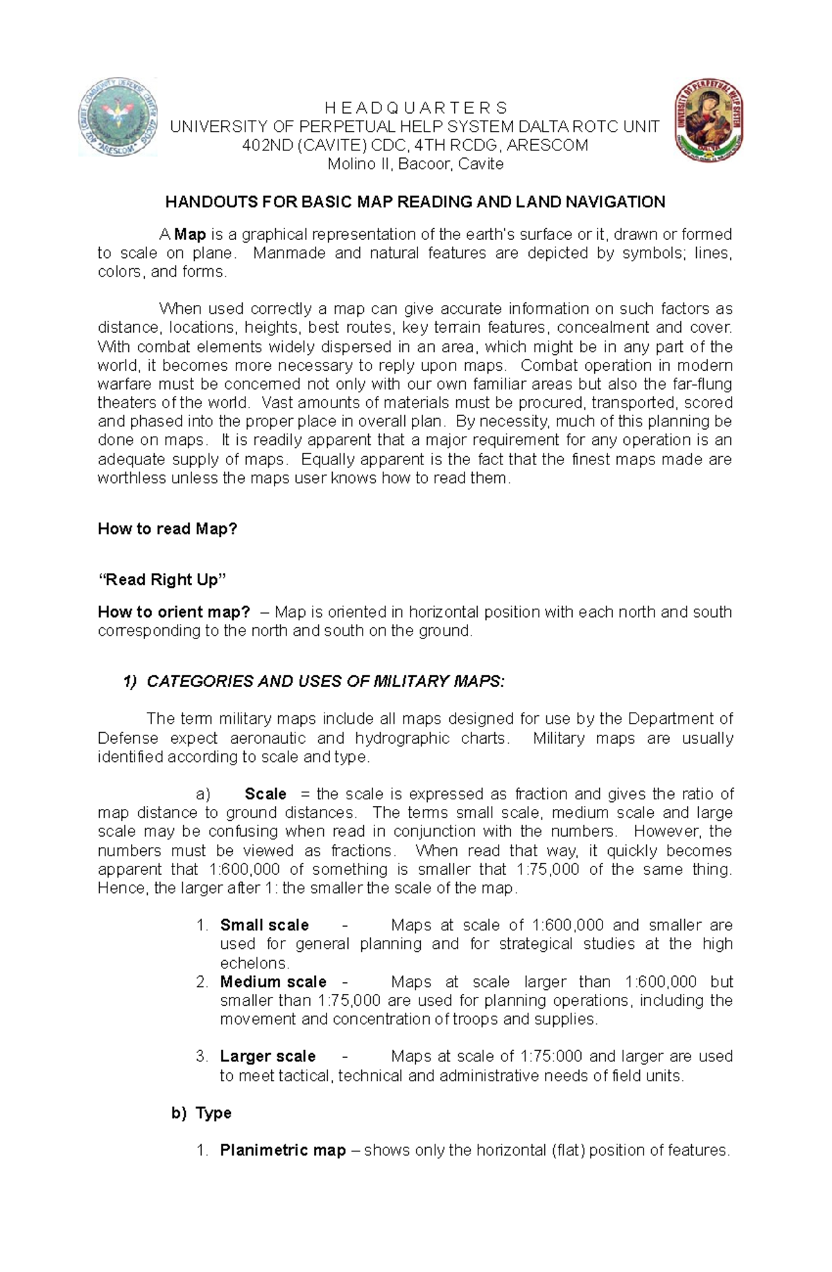 Lesson Handout ON Basic MAP Reading - H E A D Q U A R T E R S ...