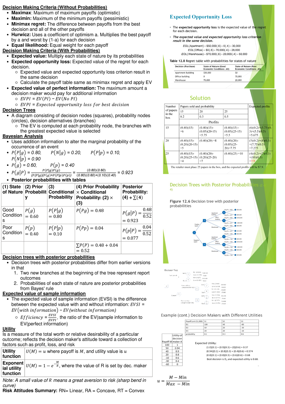 BU275 Midterm Summary - Decision Making Criteria (Without Probabilities ...