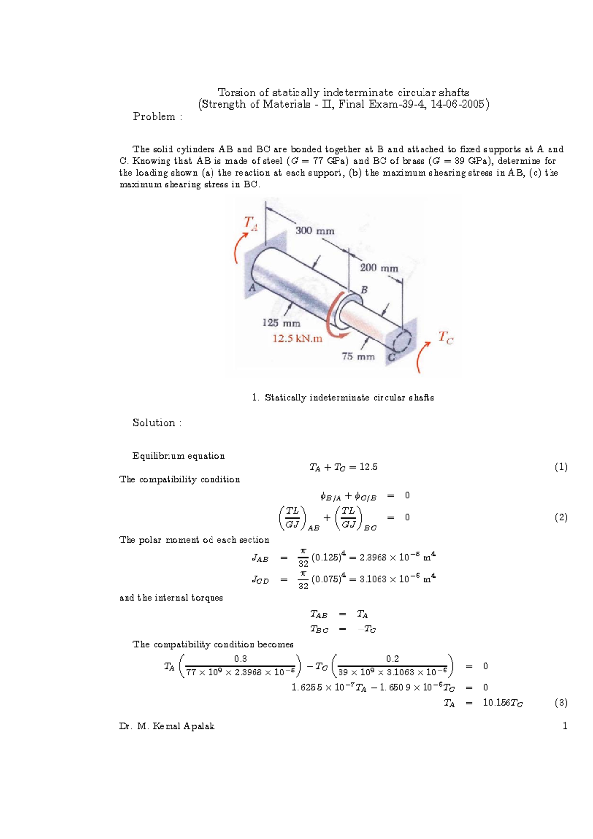 Indeterminate-torsion-problem - Torsion of statically indeterminate circular shafts (Strength of ...