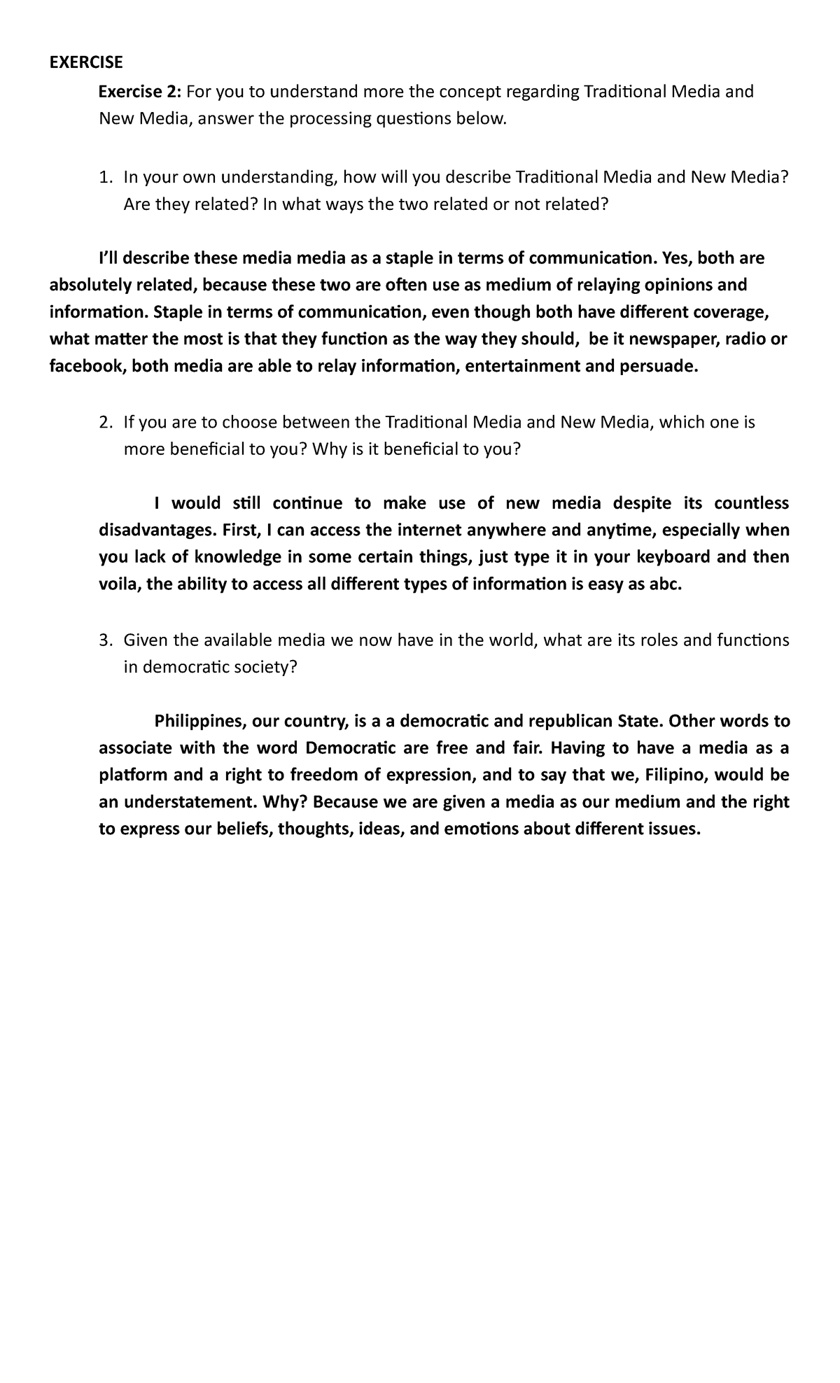 Traditional Media and New Media - EXERCISE Exercise 2: For you to ...