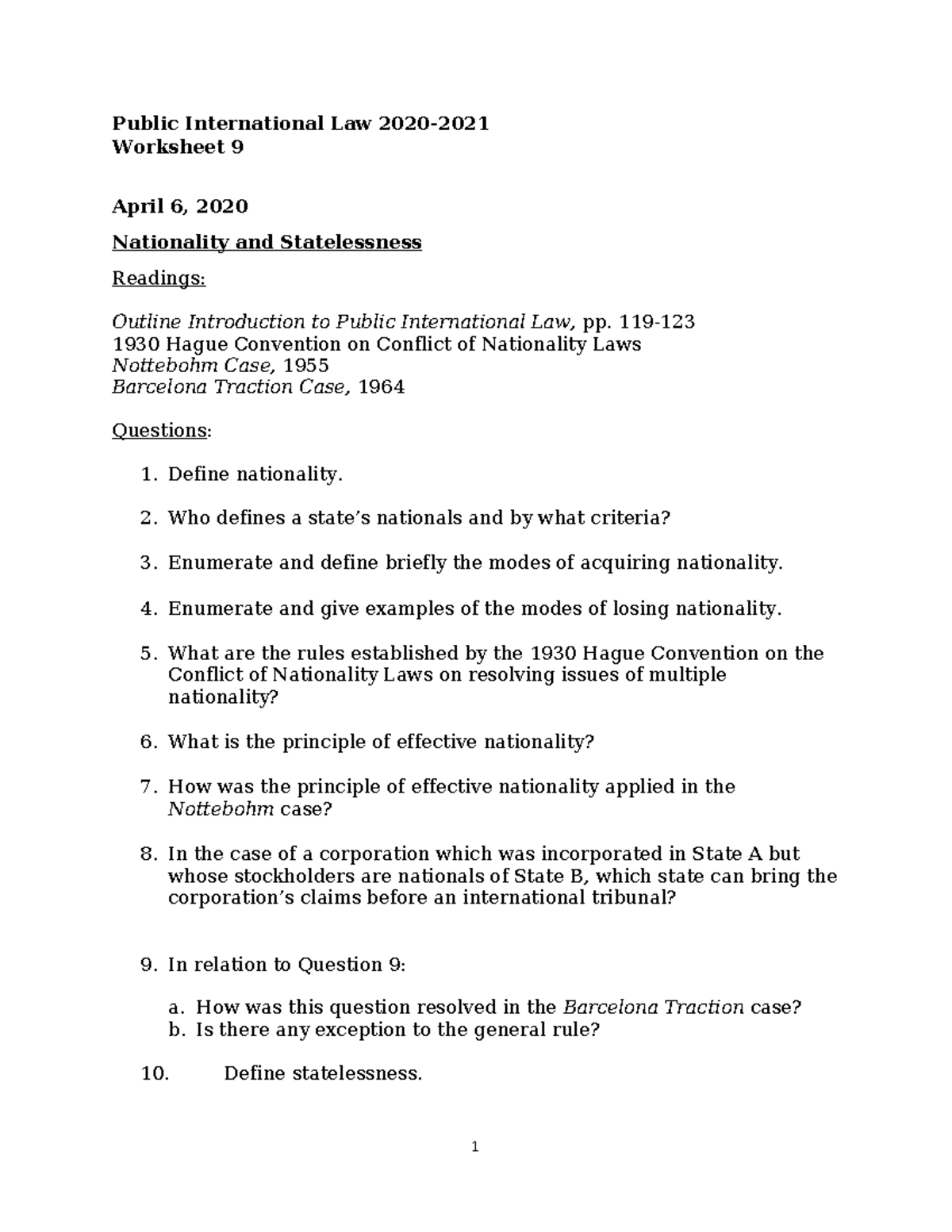 Worksheet 9 - Week 9 - 1 Public International Law 2020- Worksheet 9 ...
