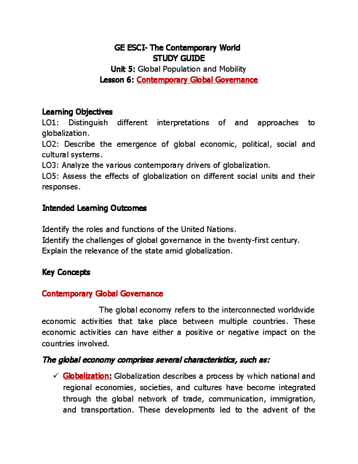 Lesson 6 Contemporary Global Governance - GE ESCI- The Contemporary ...