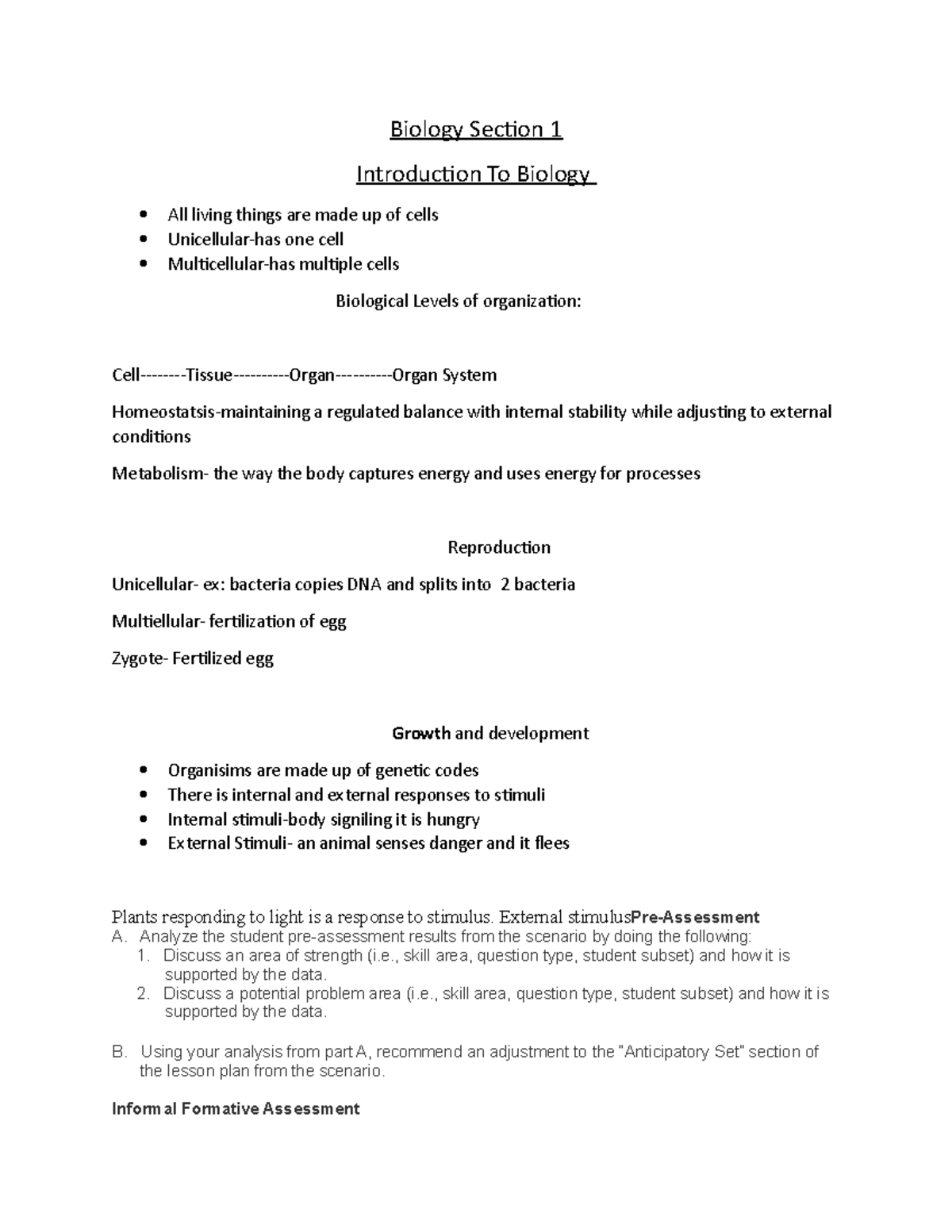 Bio 1 - section1 bio notes - Biology Section 1 Introduction To Biology ...
