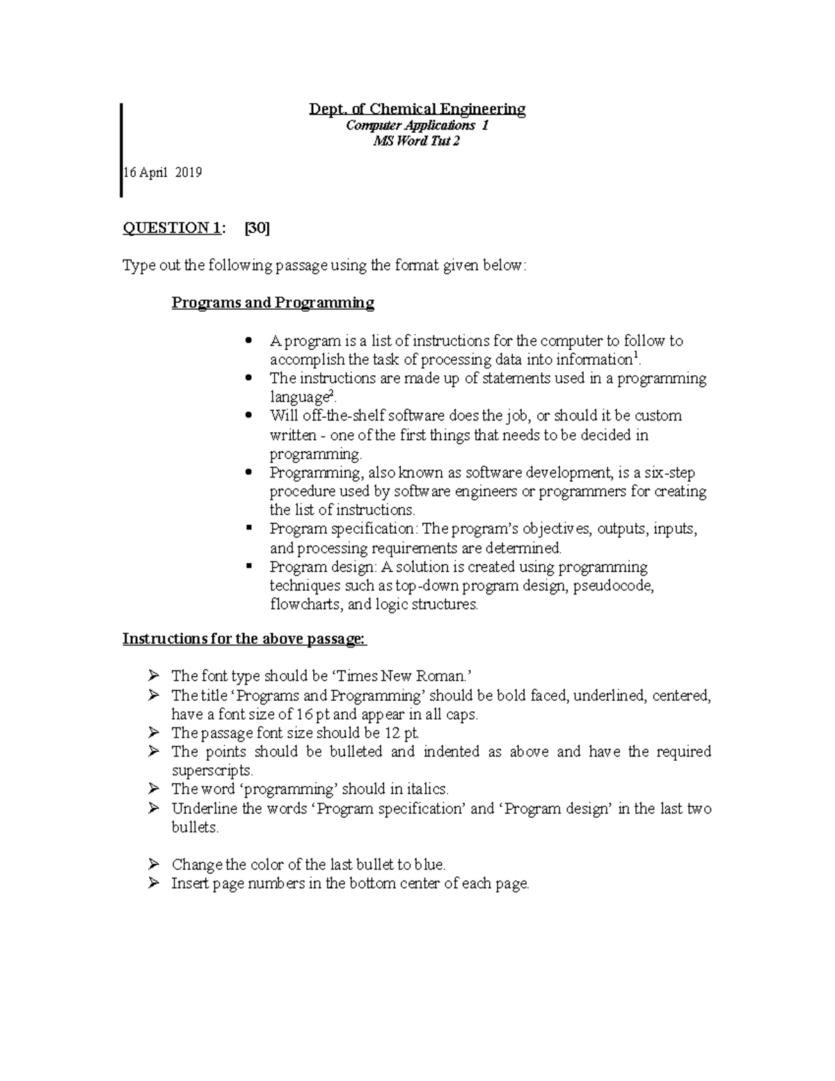Word tut2 - Dept. of Chemical Engineering Computer Applications 1 MS ...