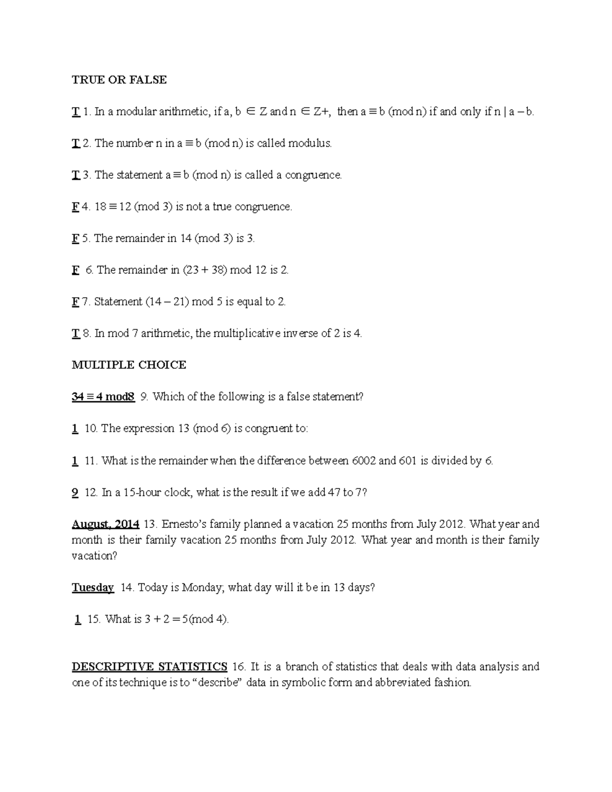 Mmw - Reviewer - TRUE OR FALSE T 1. In a modular arithmetic, if a, b ∈ ...