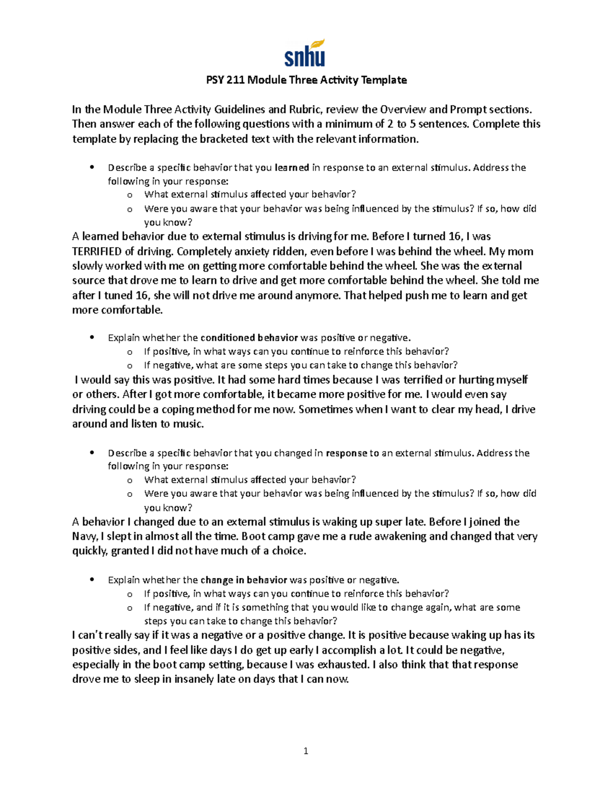 PSY 211 Module Three Activity Template - Then answer each of the ...