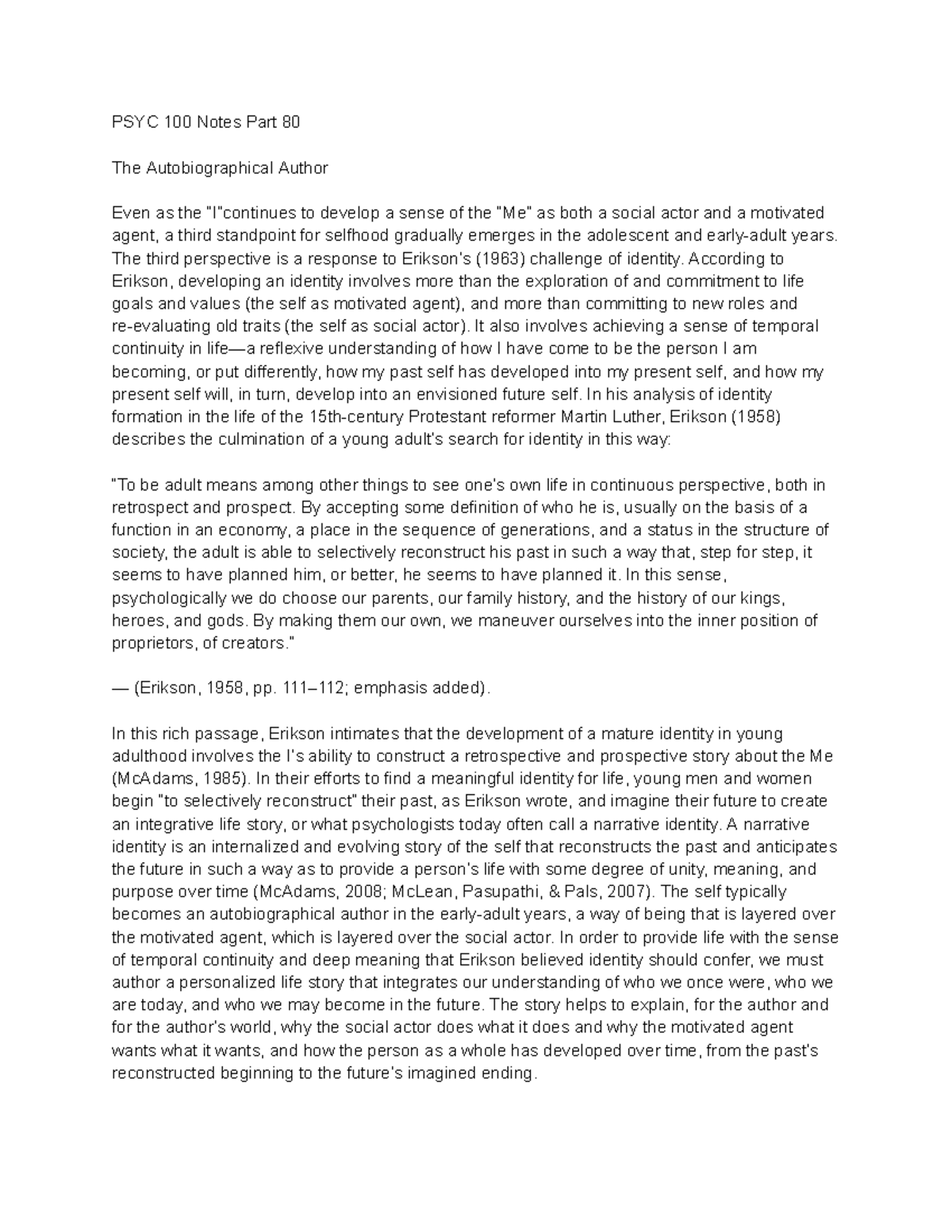PSYC 100 Notes Part 80 - PSYC 100 Notes Part 80 The Autobiographical ...