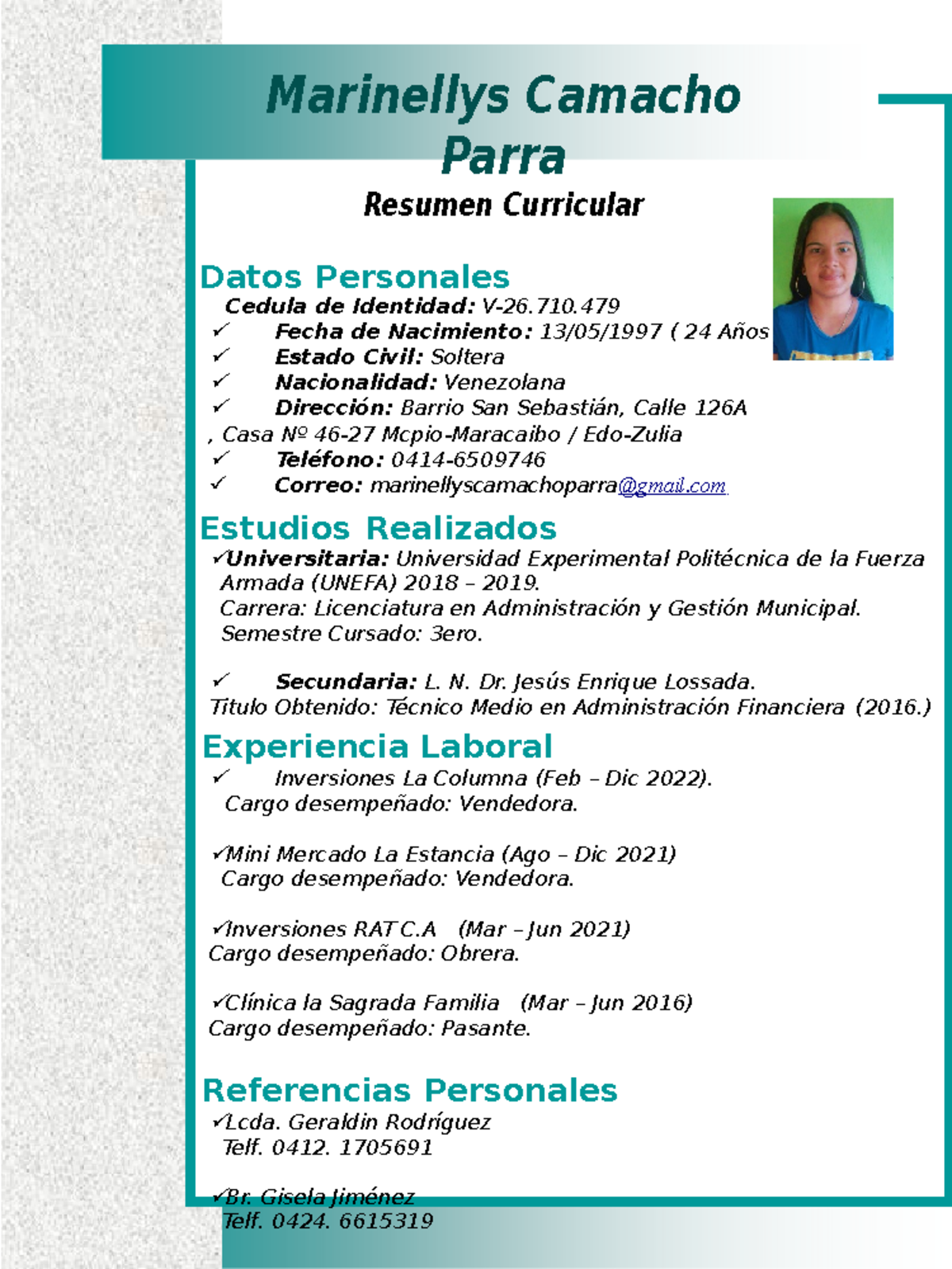 RC Marinellys Camacho - hjghmghkghmhbn - Marinellys Camacho Parra Resumen Curricular Datos - Studocu