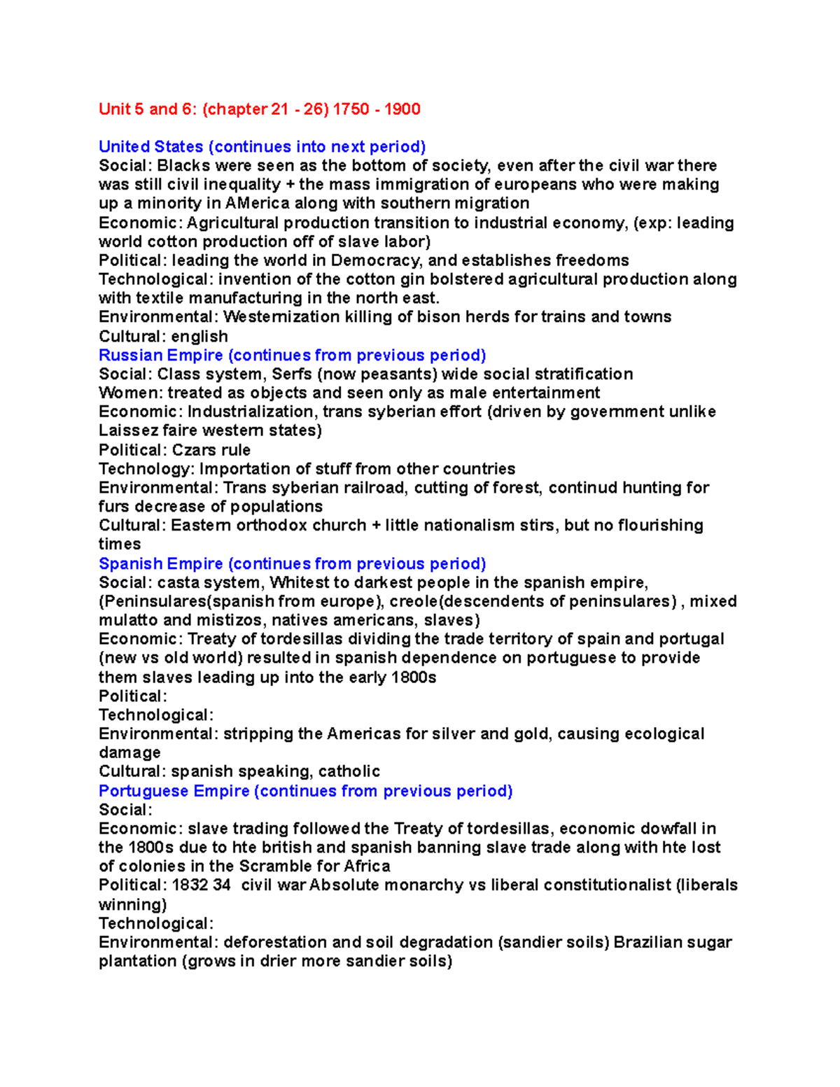 Notes on World History Terms - Unit 5 and 6: (chapter 21 - 26) 1750 ...