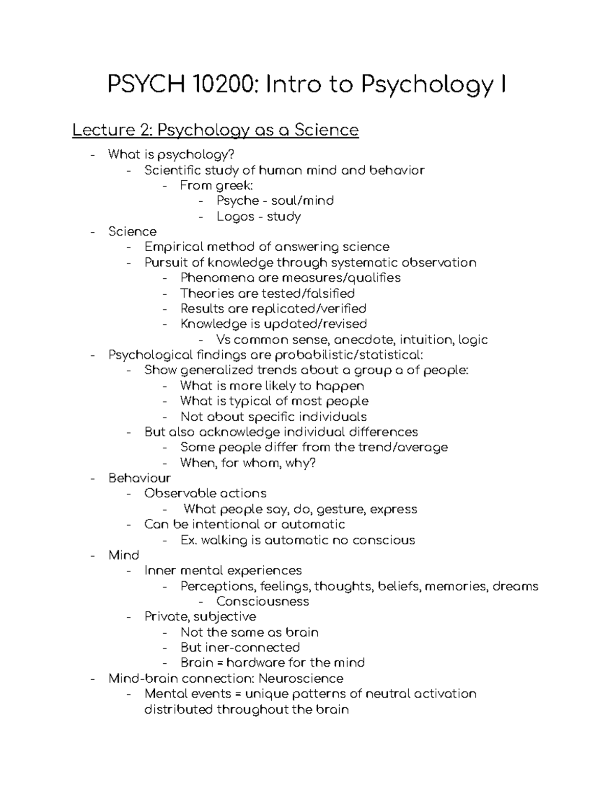 Psych 1020 Intro to Psychology I - PSYCH 10200: Intro to Psychology I ...