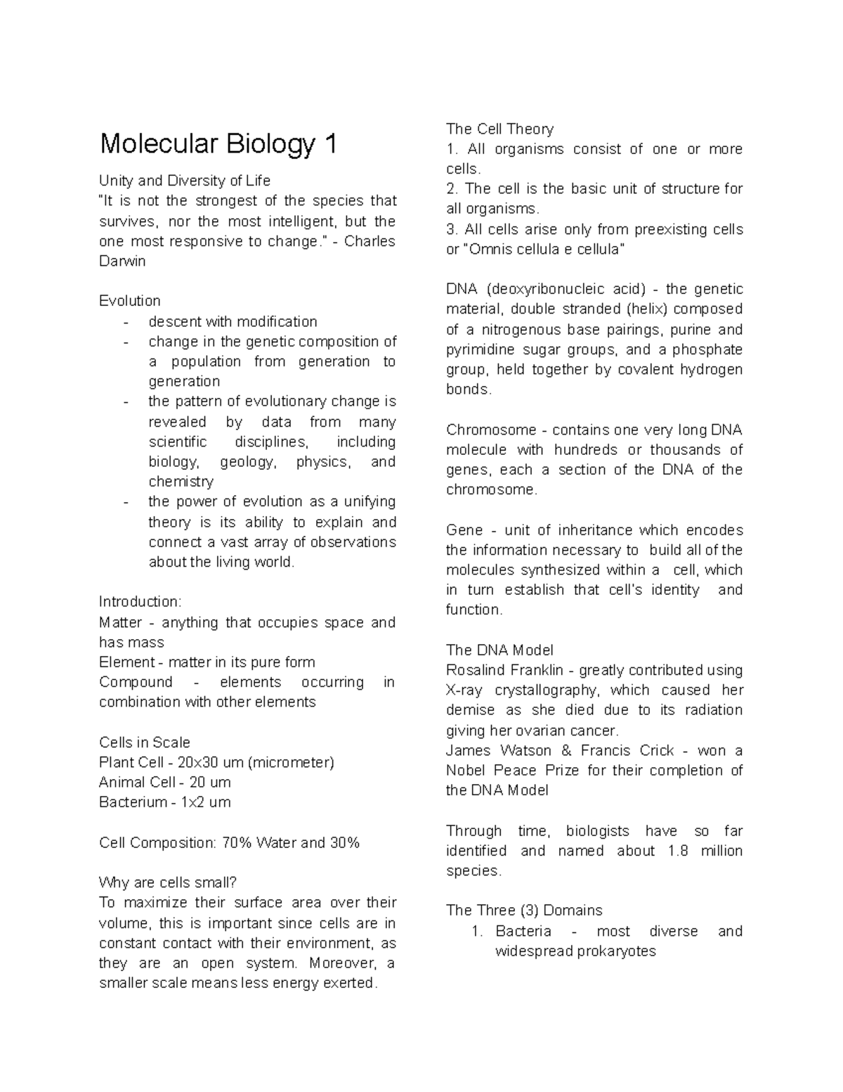 Cell Molecular Biology - Molecular Biology 1 Unity and Diversity of ...