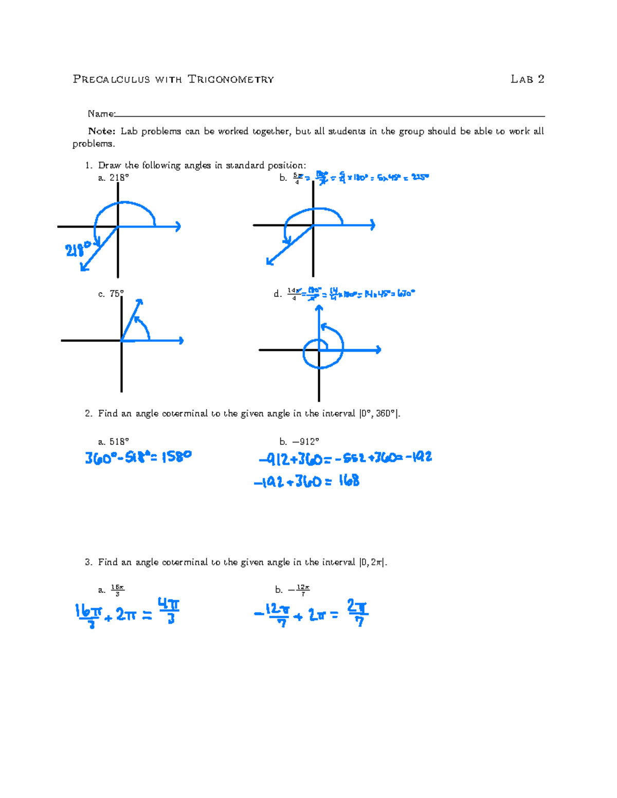 Week 2 Lab Trig - Precal problems about angles and radians ...