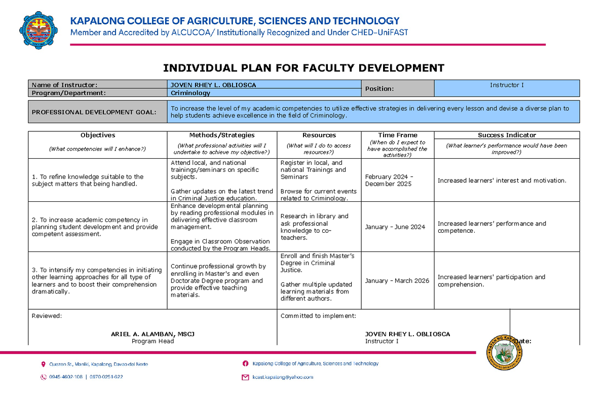 Individual-PLAN-FOR- Faculty- Development - INDIVIDUAL PLAN FOR FACULTY ...