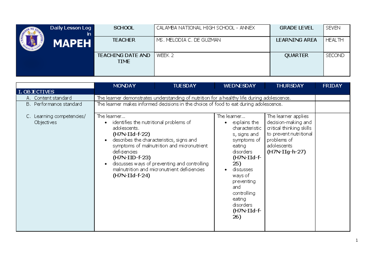 Q2 Grade 7 Health DLL Week 2 - MONDAY TUESDAY WEDNESDAY THURSDAY FRIDAY ...