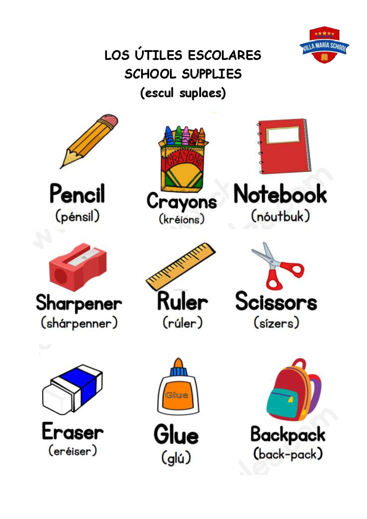 útiles en ingles - Inglés I - LOS ÚTILES ESCOLARES SCHOOL SUPPLIES ...