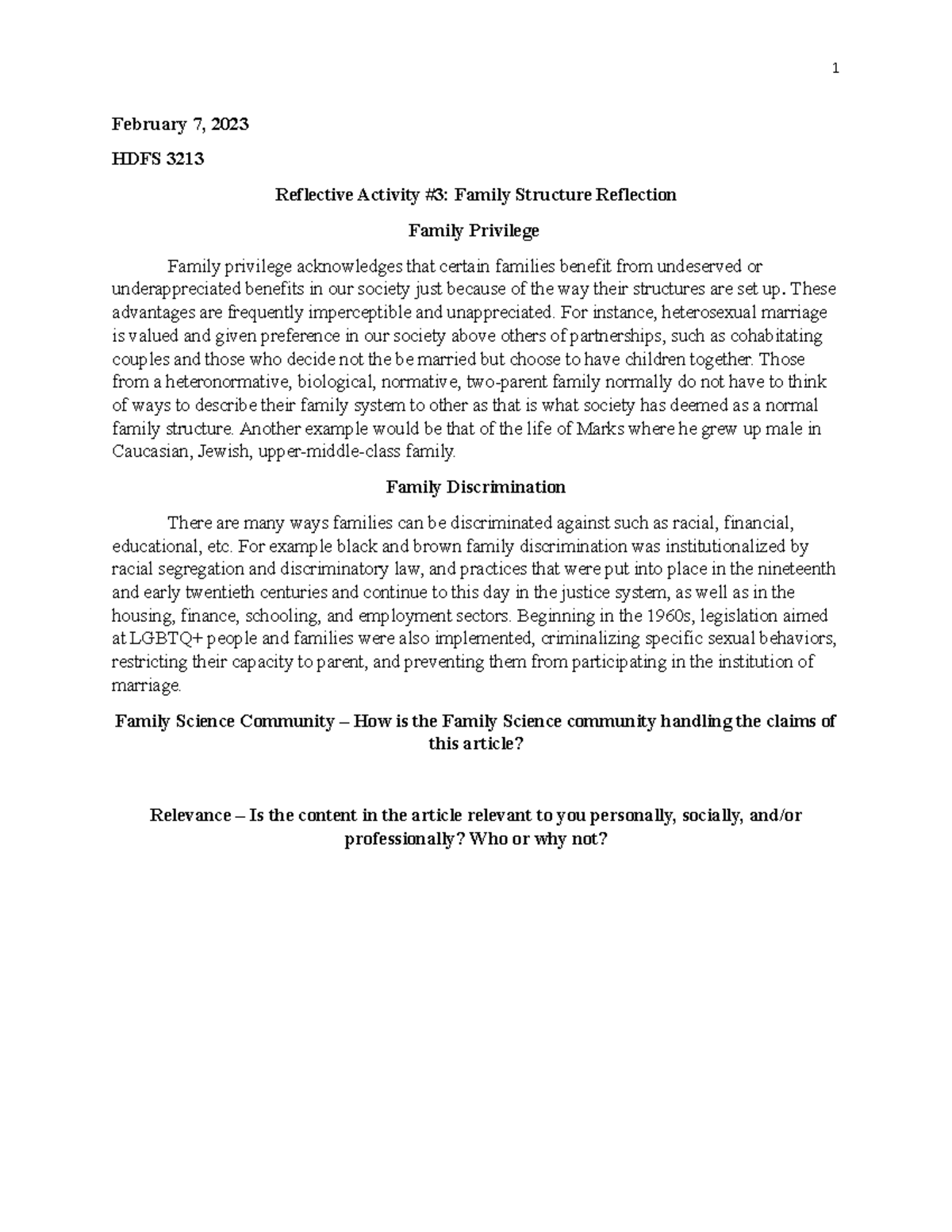 Reflective Activity #3 Family Structure Reflection - 1 February 7, 2023 ...