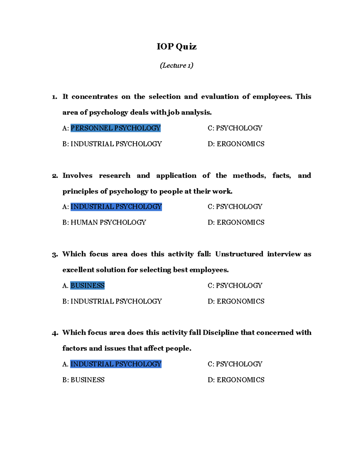 IOP Quiz (Lecture 1) - Quiz Homework for Industrial and Organizational chart - IOP Quiz (Lecture ...