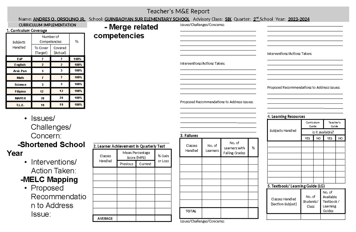ME report blank form - Teacher’s M&E Report Name: ANDRES O. ORSOLINO JR ...