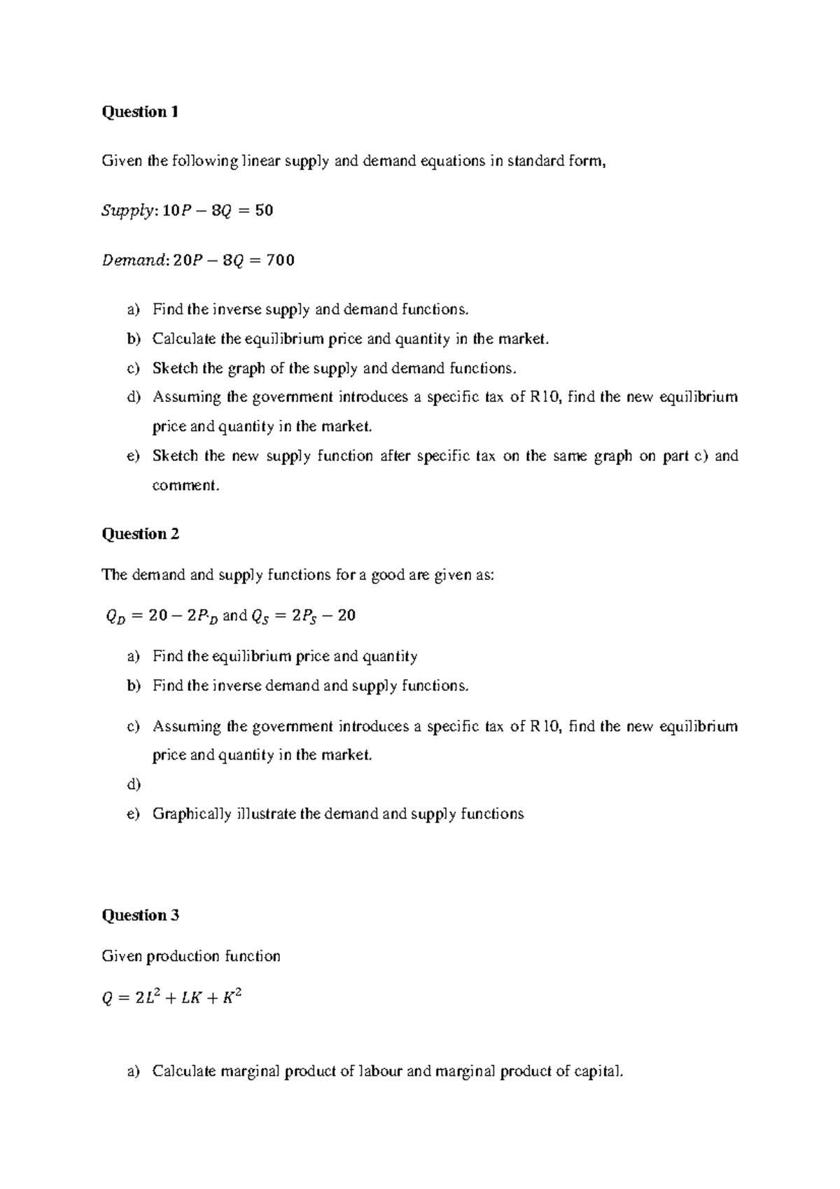Review questions eco212 2023 - Question 1 Given the following linear ...