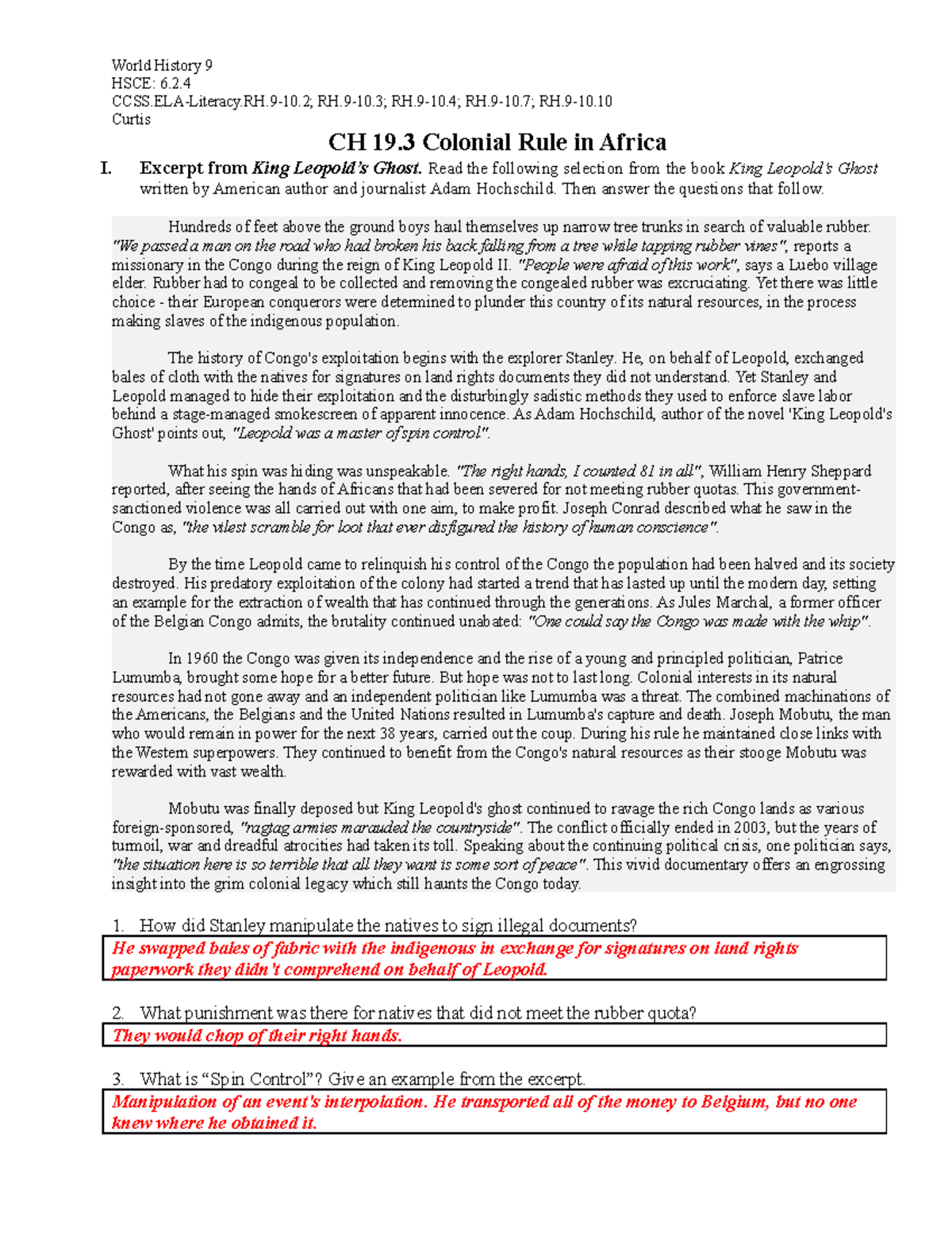 Colonial Rule in Africa - wkst - World History 9 HSCE: 6. CCSS.ELA ...