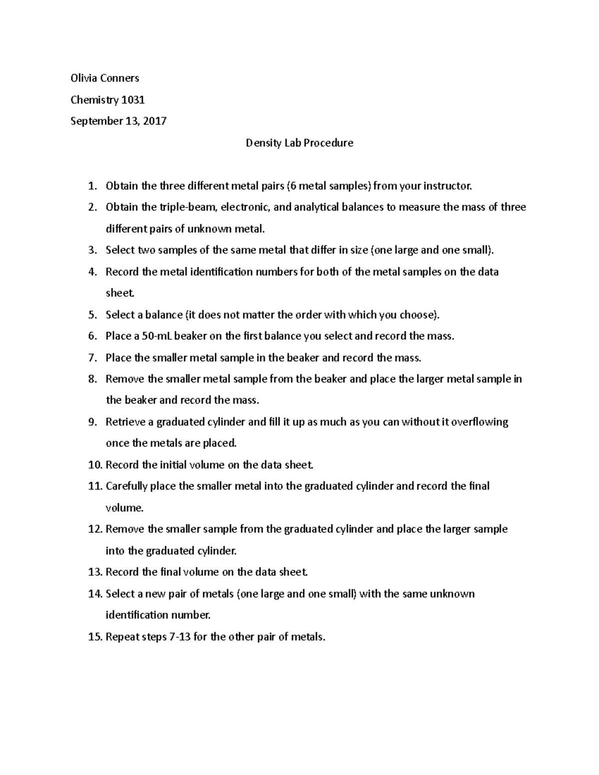Density Lab Procedure - Obtain the three different metal pairs (6 metal ...