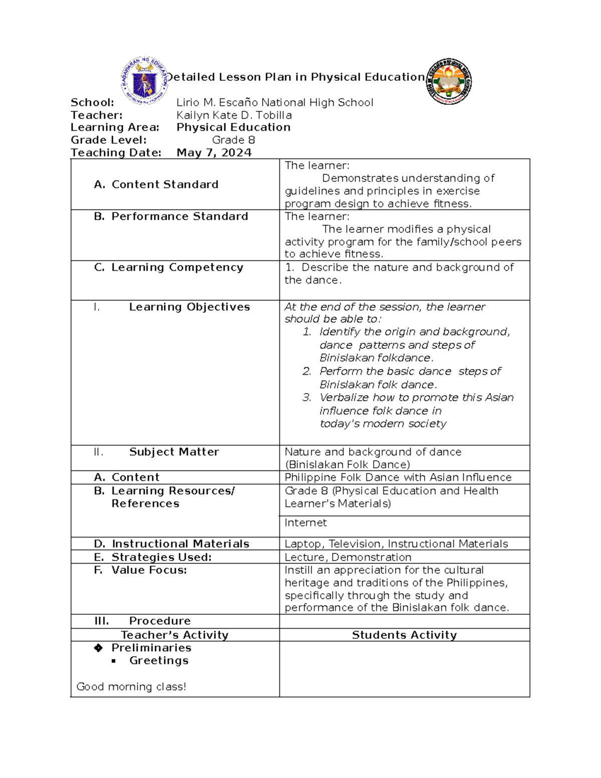 5. Binislakan Folkdance corrected - Detailed Lesson Plan in Physical ...