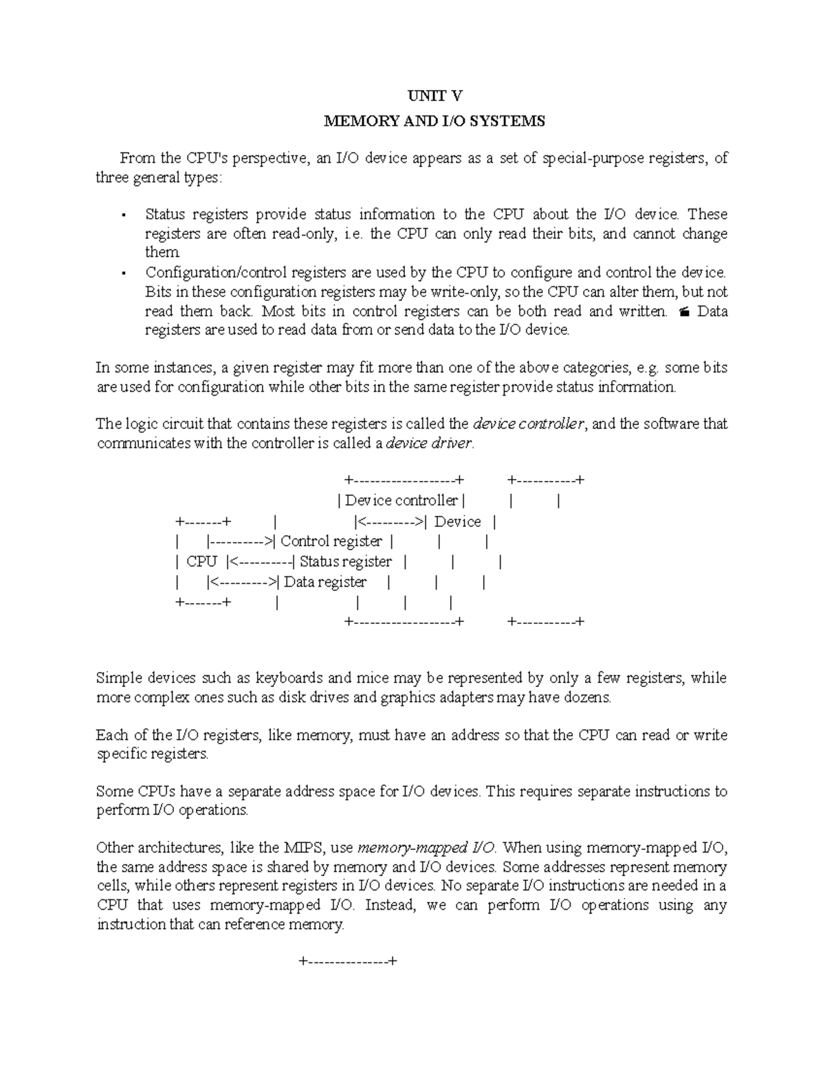 Unit-5 - Unit-5 - UNIT V MEMORY AND I/O SYSTEMS From the CPU's ...