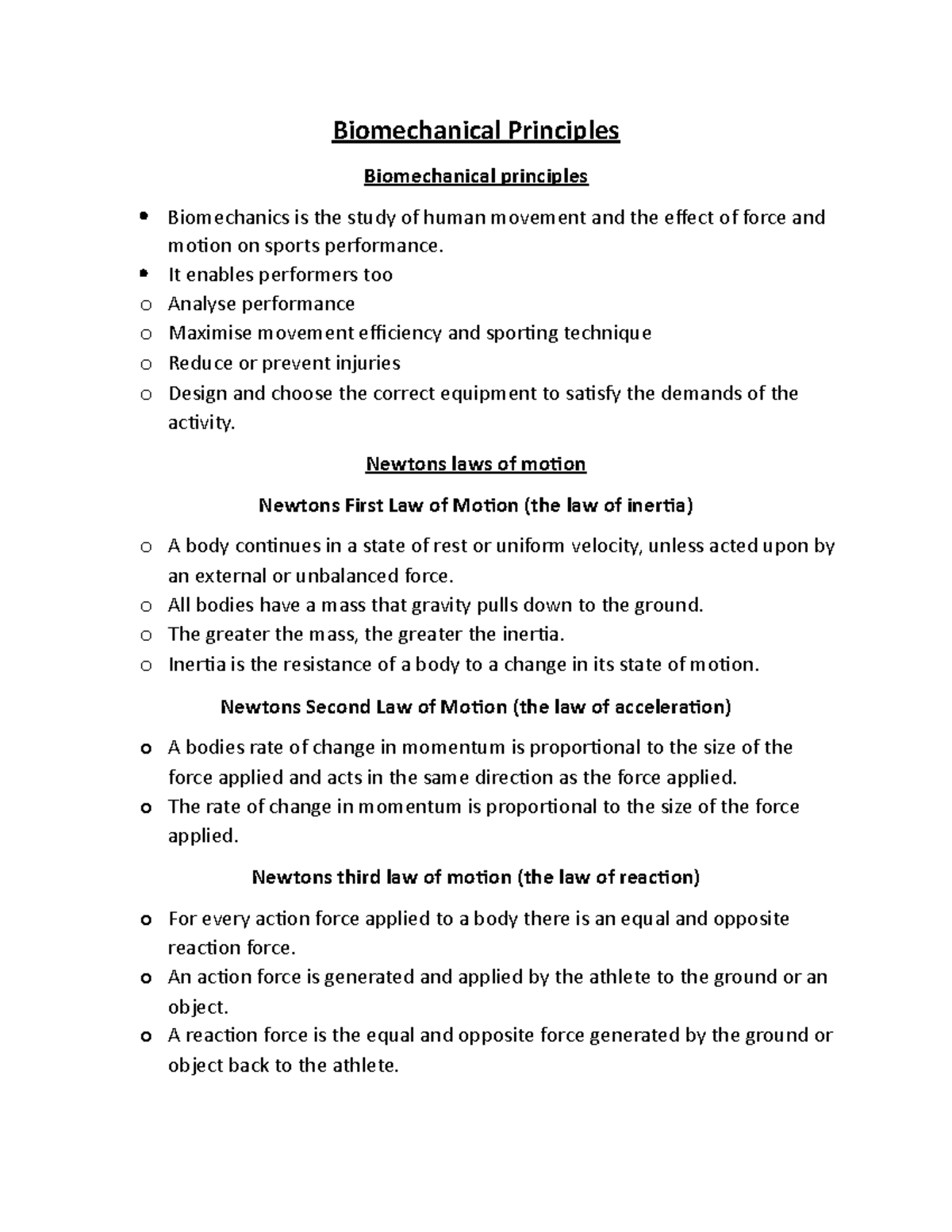 Biomechanics notes - Biomechanical Principles Biomechanical principles ...