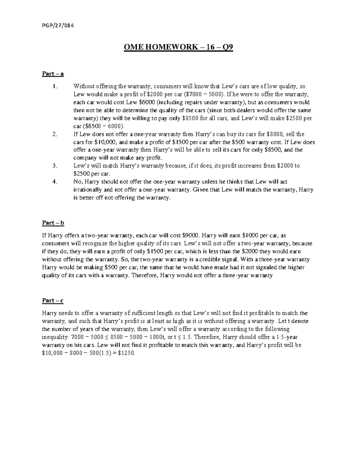 OME HW - PGP/27/ OME HOMEWORK – 16 – Q Part – a Without offering the ...