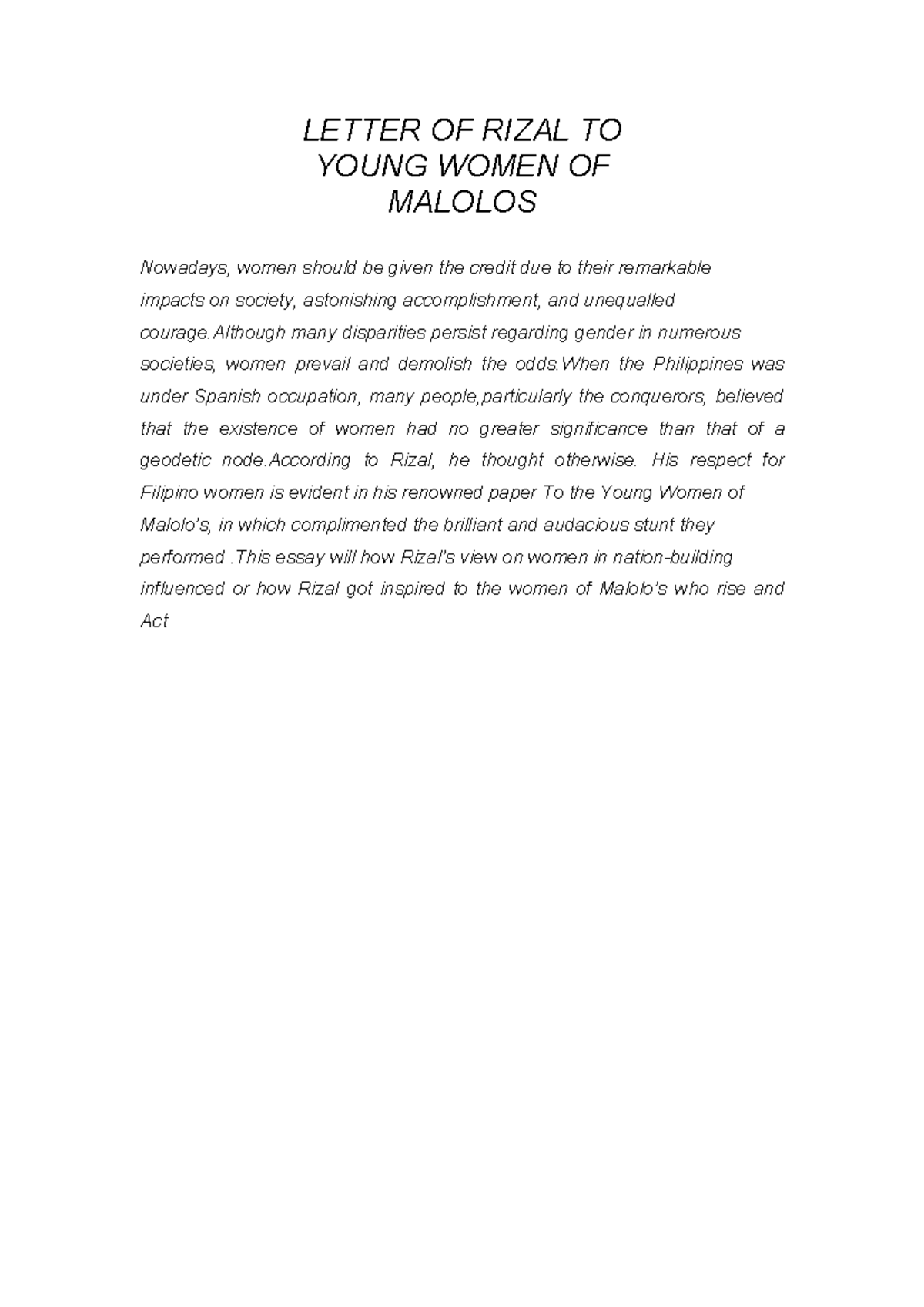 Lanza To Jose Rizal - to make my output easy - LETTER OF RIZAL TO YOUNG ...