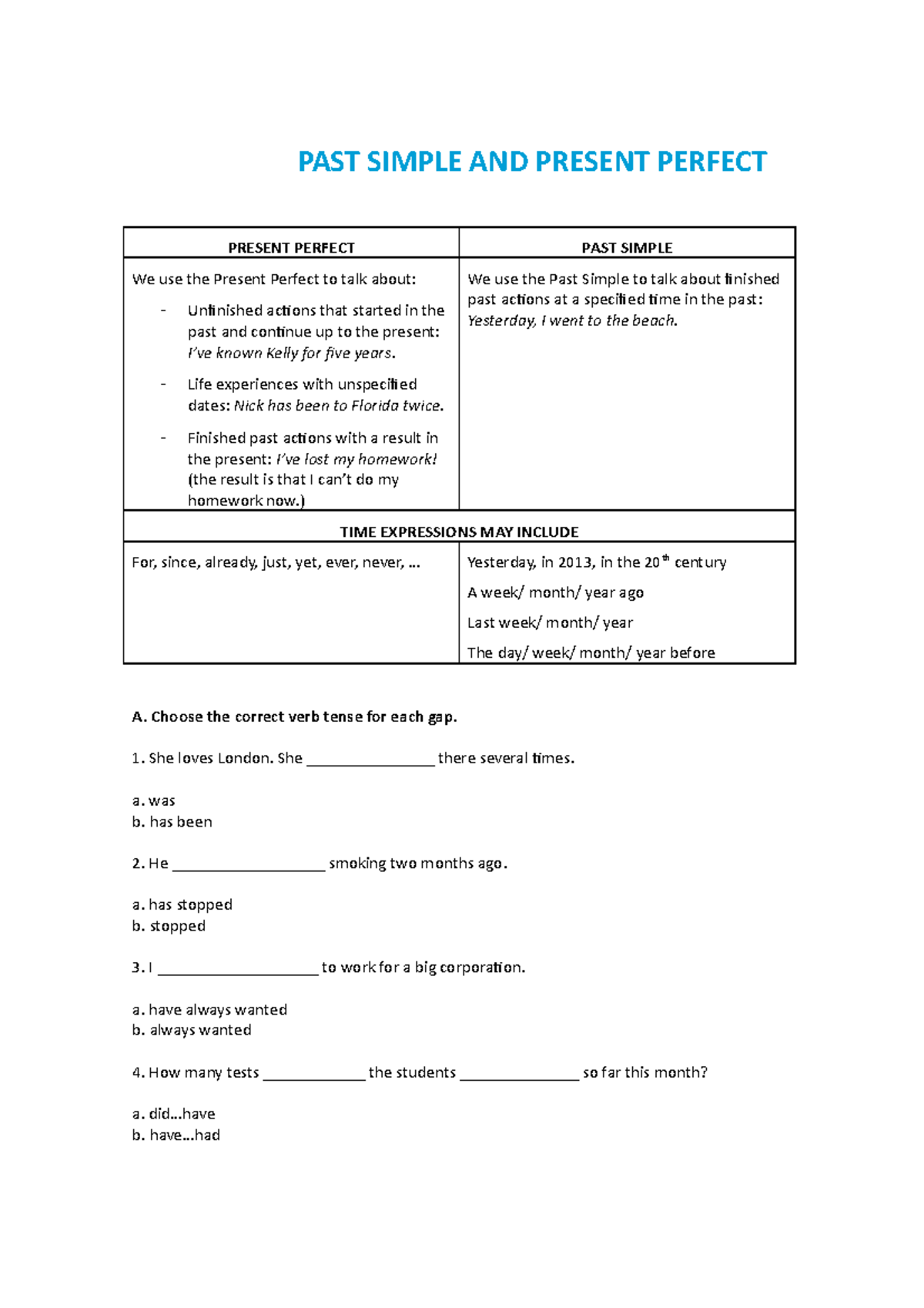 Past Simple and Present Perfect worksheet - PAST SIMPLE AND PRESENT ...