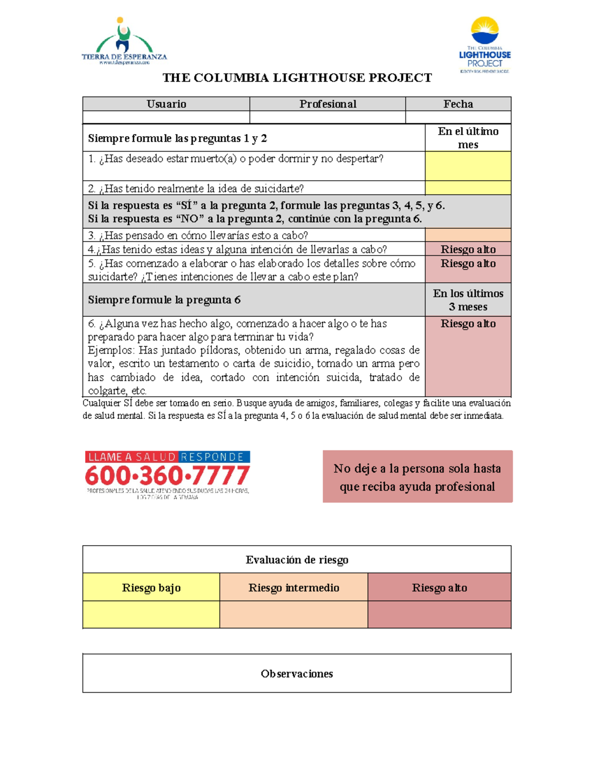 Escala Columbia - Pauta para detectar riesgo suicida - THE COLUMBIA ...