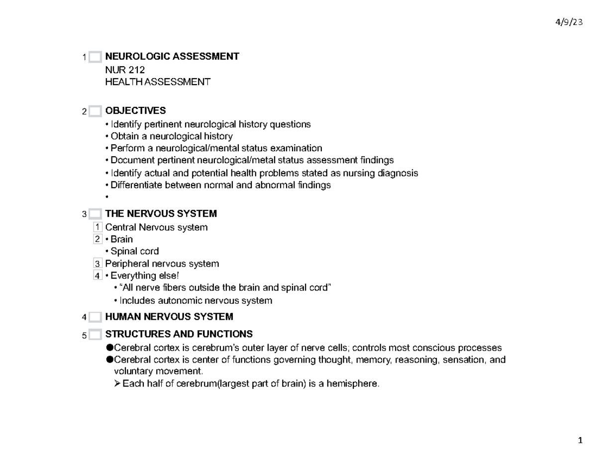 N212 Neurological Assessment - 4/9/ 1 NEUROLOGIC ASSESSMENT NUR 212 ...