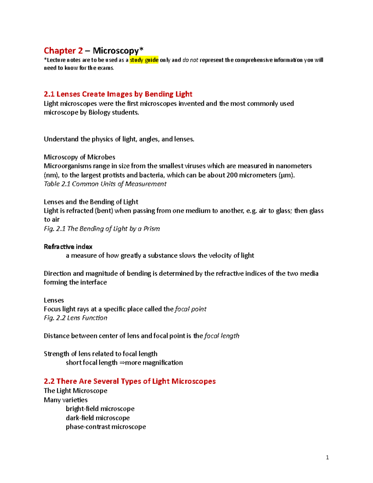 HCCS BIOL 2421 Chapter 2 Lecture Notes 11e S20 - Chapter 2 – Microscopy ...