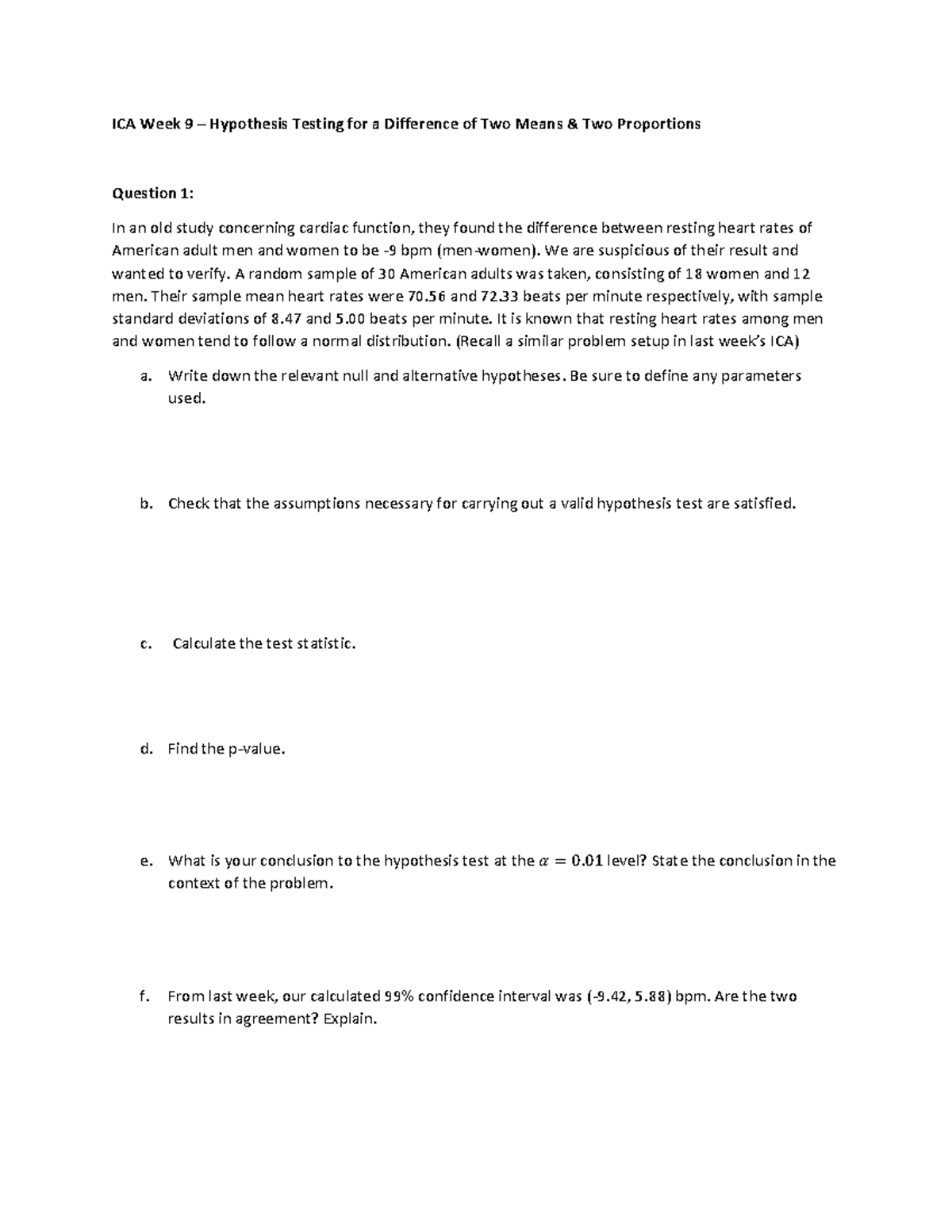 Module 9 Practice Problems - ICA Week 9 – Hypothesis Testing for a ...