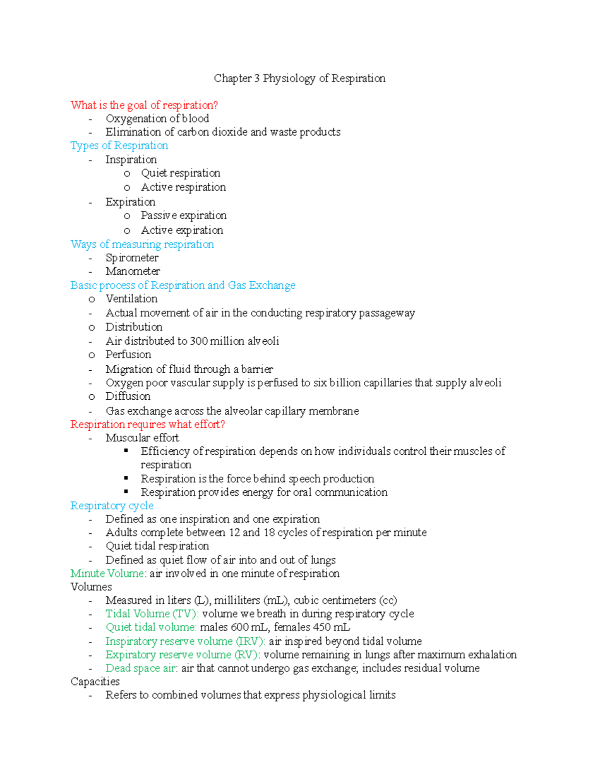 Chapter 3 Outline - Anatomy notes - Chapter 3 Physiology of Respiration ...