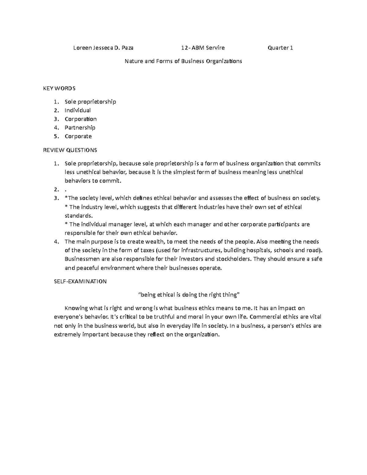 Business ethics lesson 1 - Loreen Jesseca D. Paza 12- ABM Servire ...