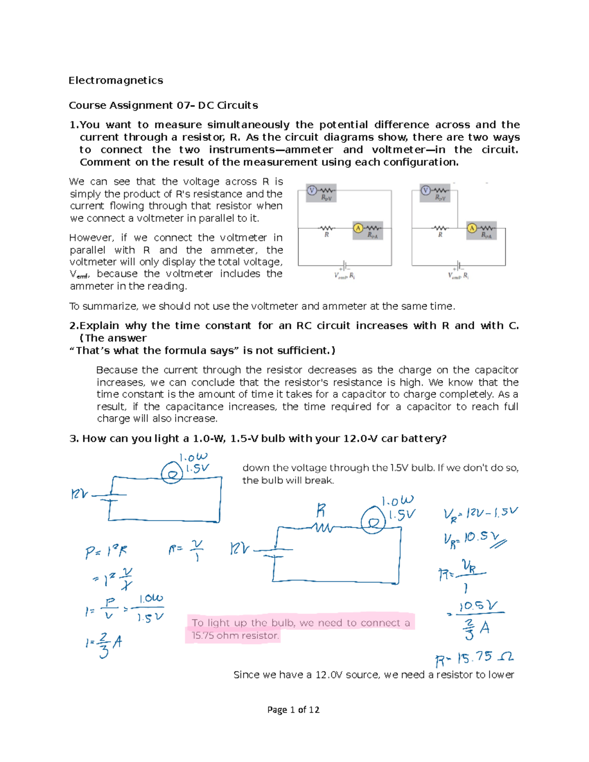 CA07 - Analysis - Electromagnetics Course Assignment 07– DC Circuits 1 want to measure - Studocu