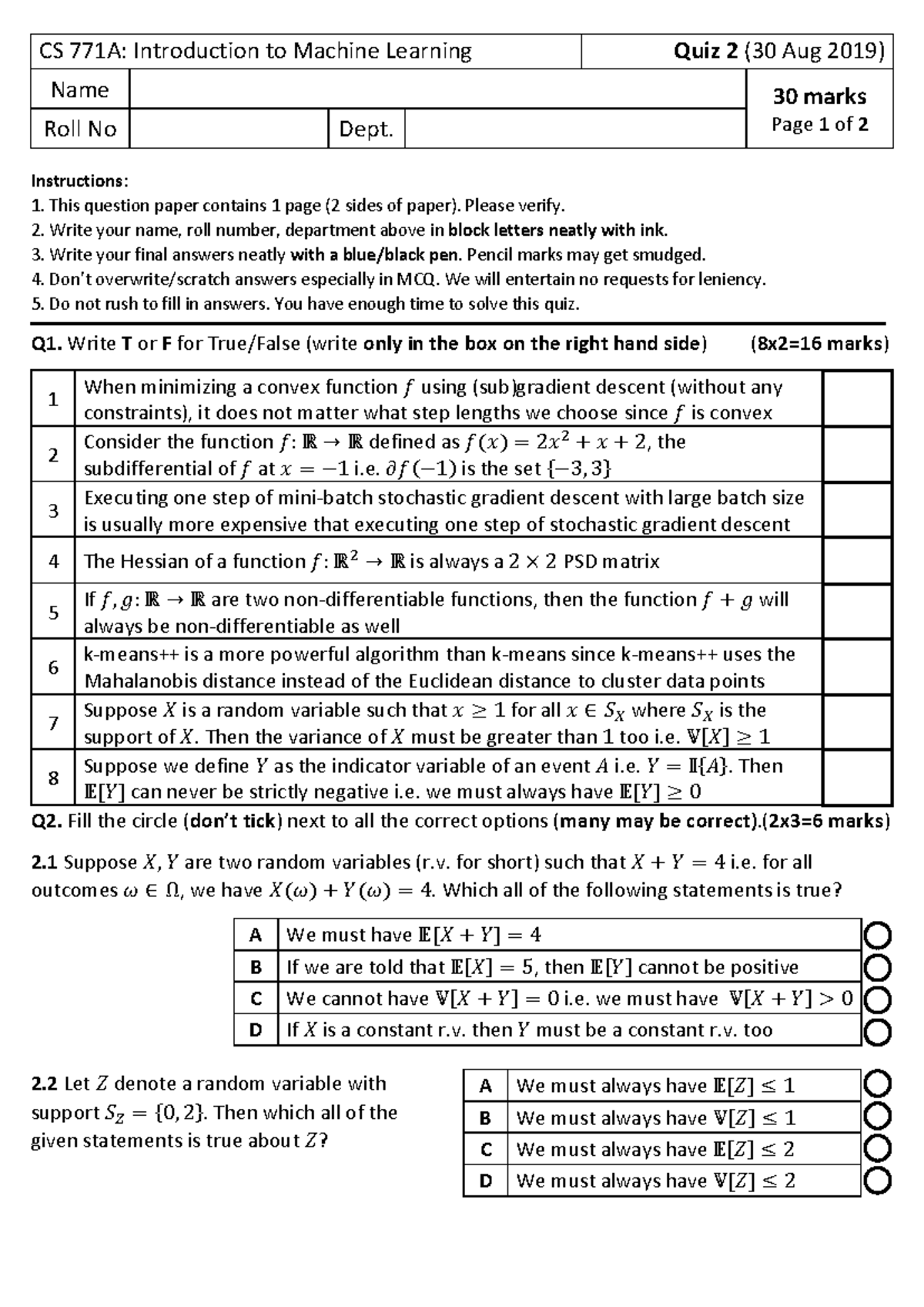 Quiz2 - QUiz for practise - CS 771A: Introduction to Machine Learning ...