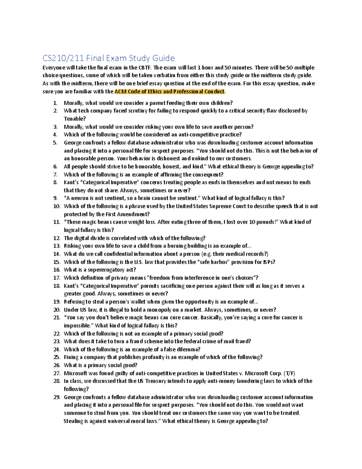 CS210SP24FESG - Practice final - CS210/211 Final Exam Study Guide Everyone will take the final ...