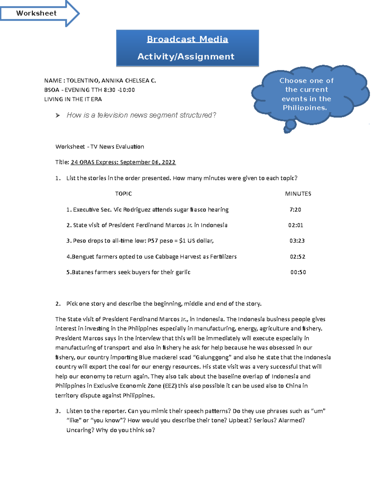 Broadcast Media Assignment 1 - NAME : TOLENTINO, ANNIKA CHELSEA C. BSOA ...