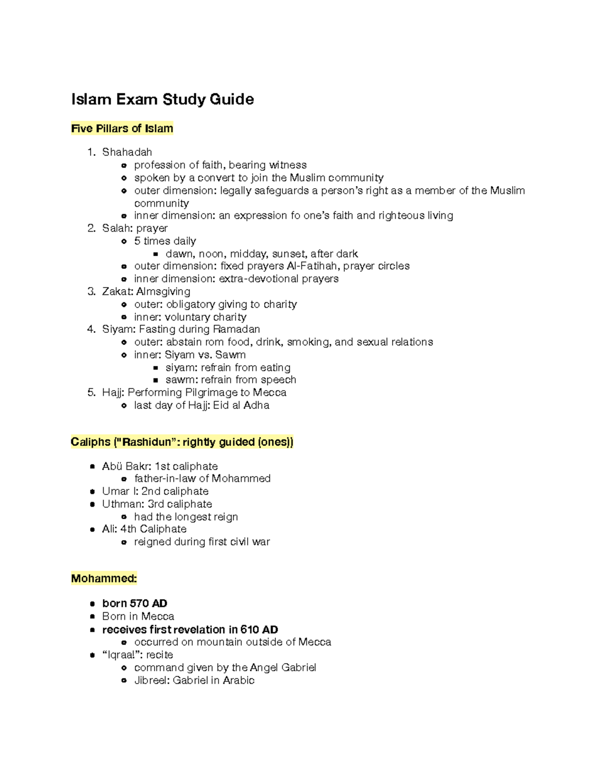 Islam Exam Study Guide - Shahadah profession of faith, bearing witness ...
