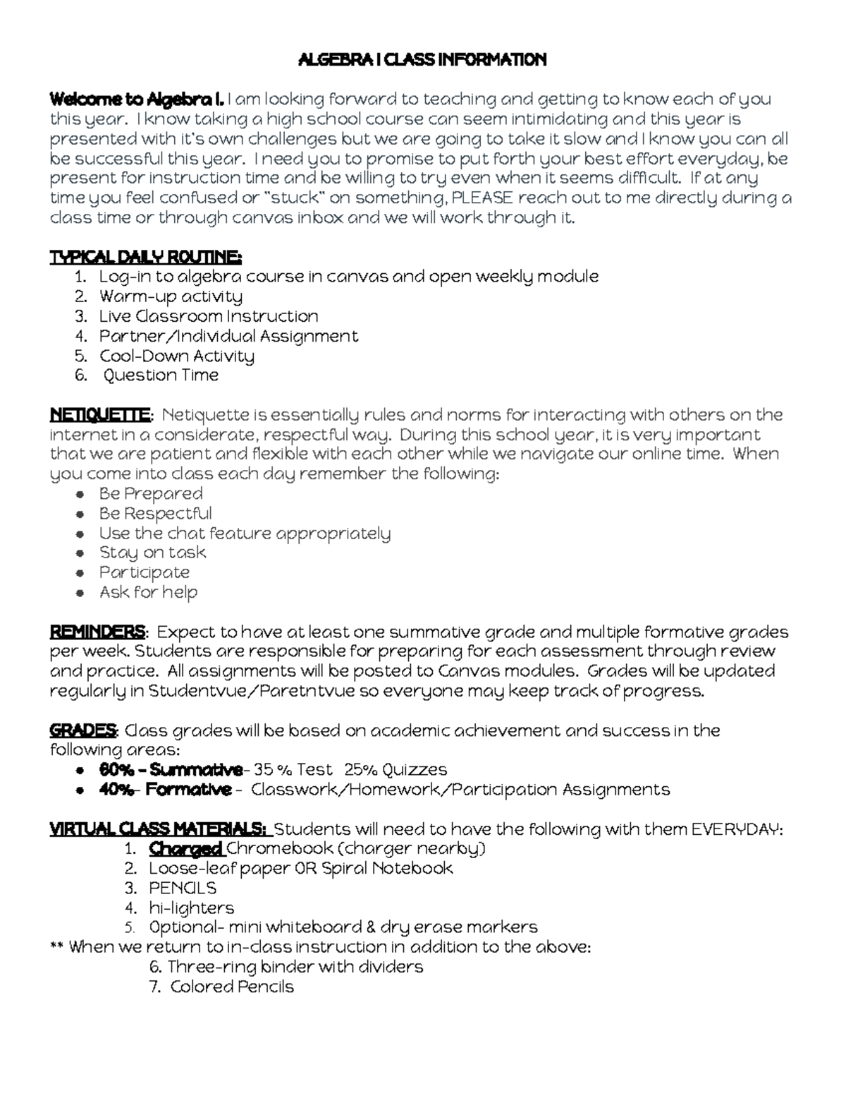 20-21 Algebra I Class Information - ALGEBRA I CLASS INFORMATION Welcome ...