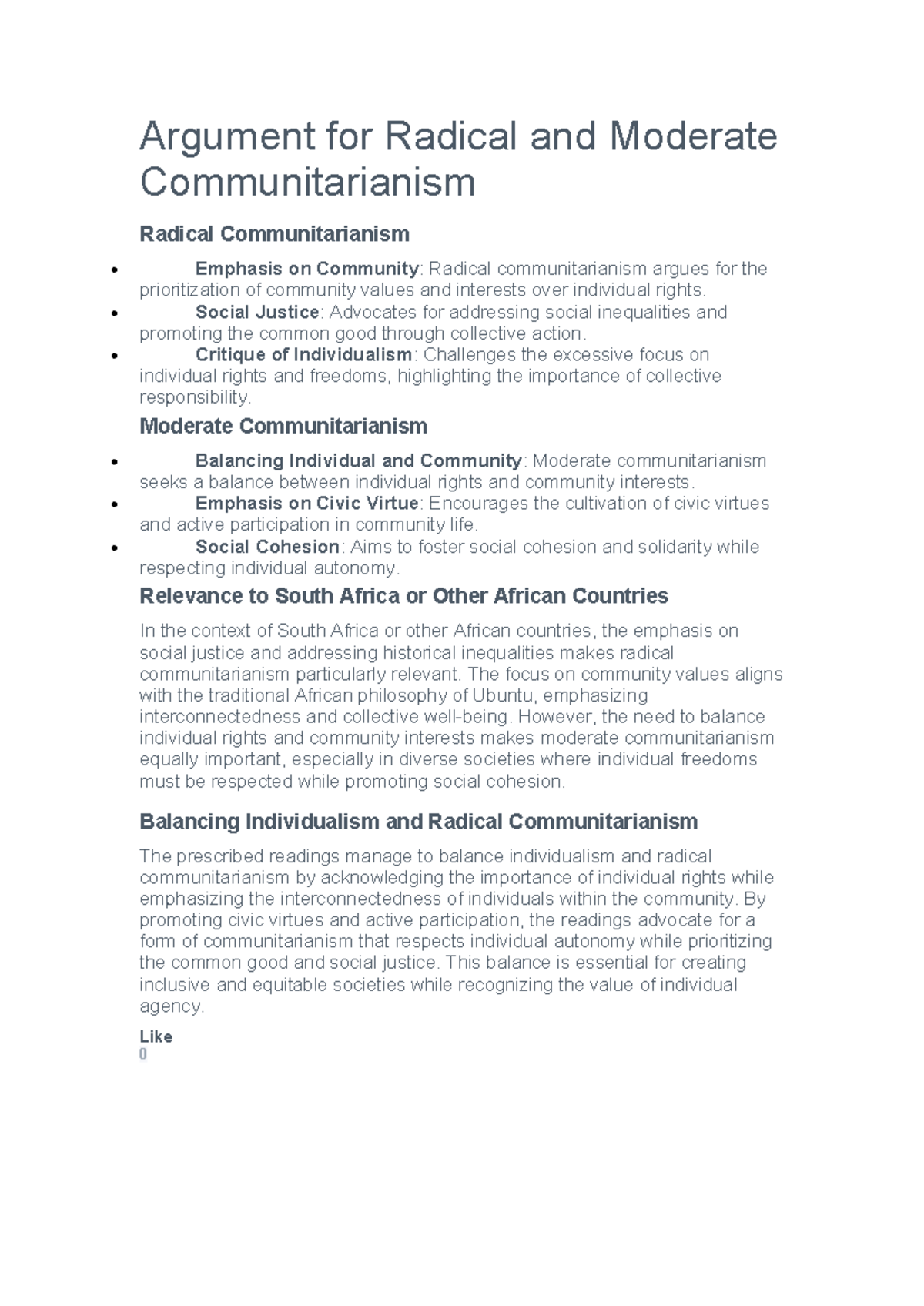 Argument for Radical and Moderate Communitarianism - Argument for ...