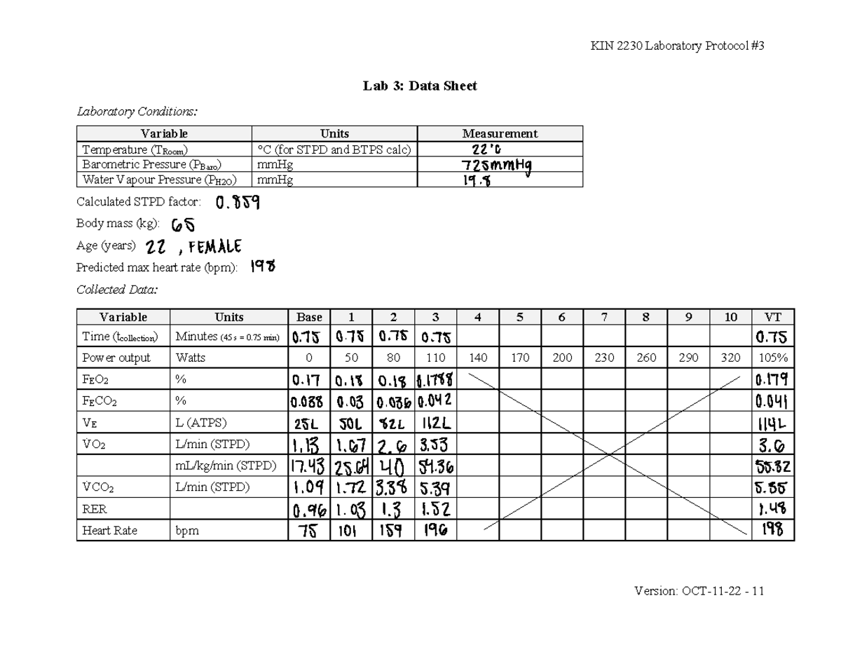 Exercise Phys Lab #3 2 - 100% - KIN 2 230 Laboratory Protocol # 3 ...