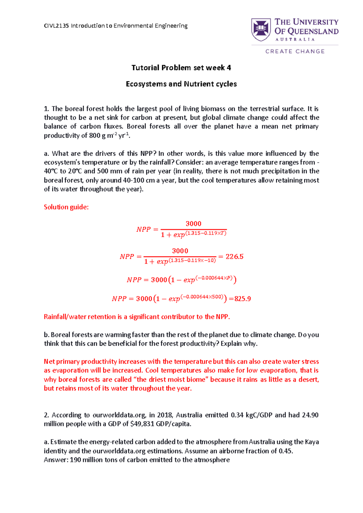 Tutorial Problem set Ecosystem and Nutrient cycles - Tutorial Problem set week 4 Ecosystems and ...