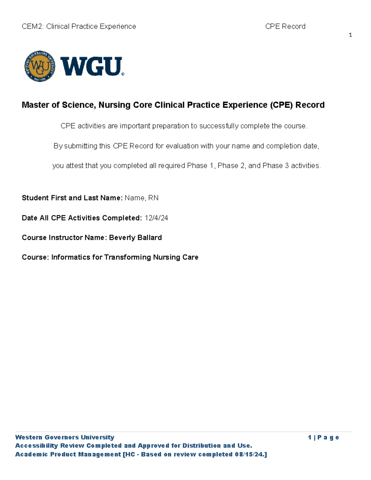 D029 CPE Record - 1 Master of Science, Nursing Core Clinical Practice ...