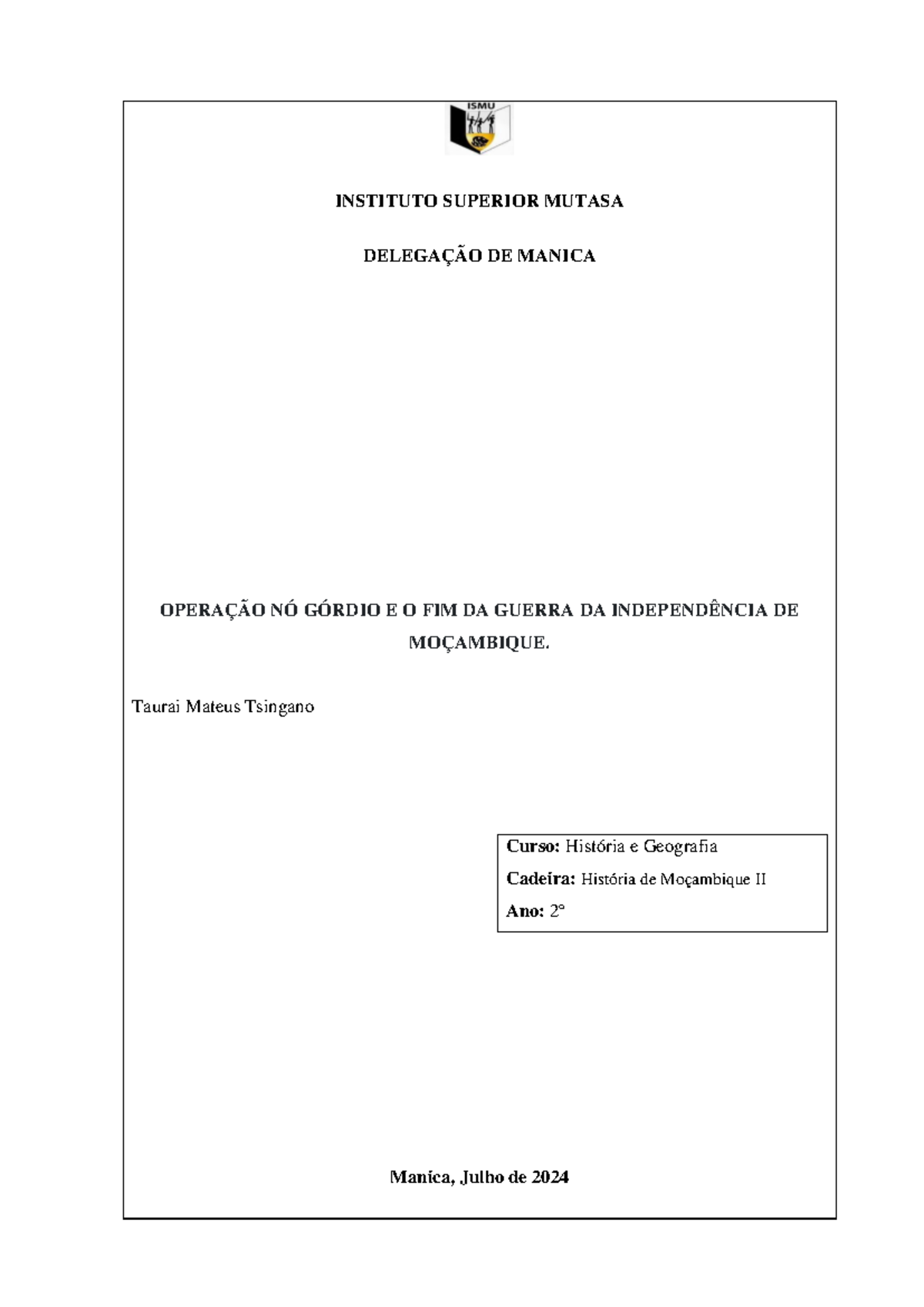 Taurai Mateus Tsingano - INSTITUTO SUPERIOR MUTASA DELEGAÇÃO DE MANICA ...