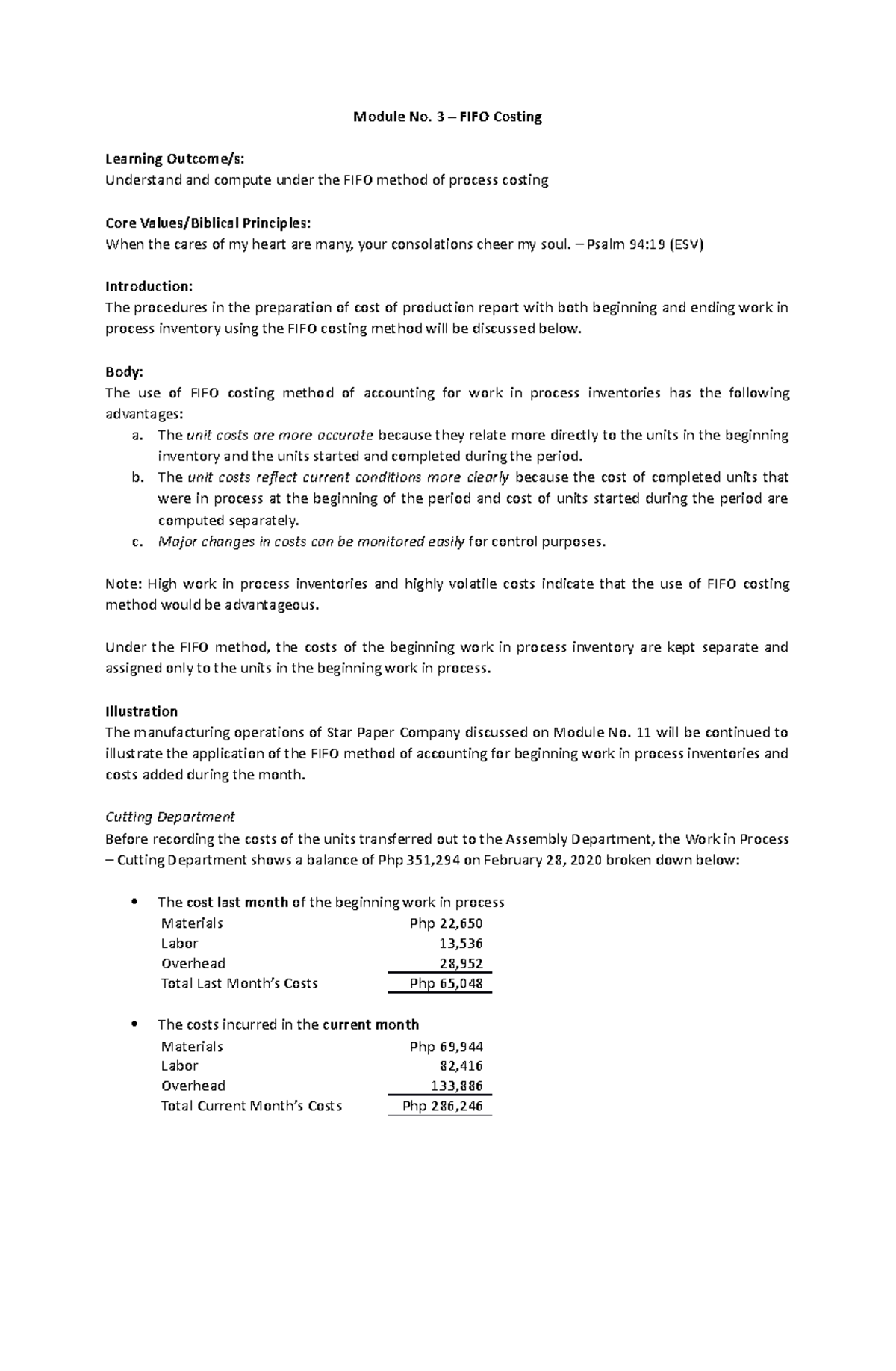 Module No 3 - FIFO Costing - Module No. 3 – FIFO Costing Learning Outcome/s: Understand and ...