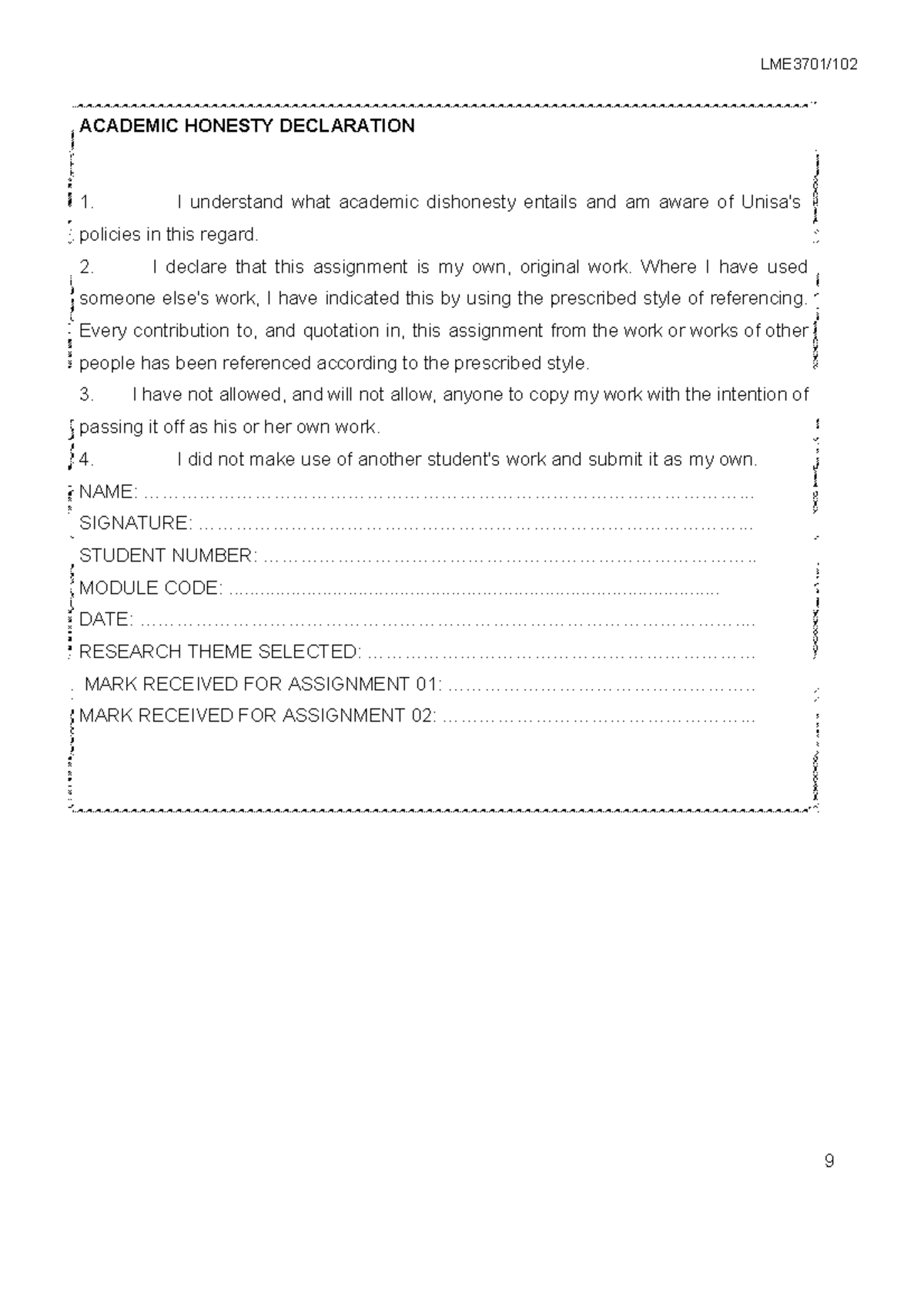 Declaration for portfolio - LME 370 1/ 102 9 ACADEMIC HONESTY ...